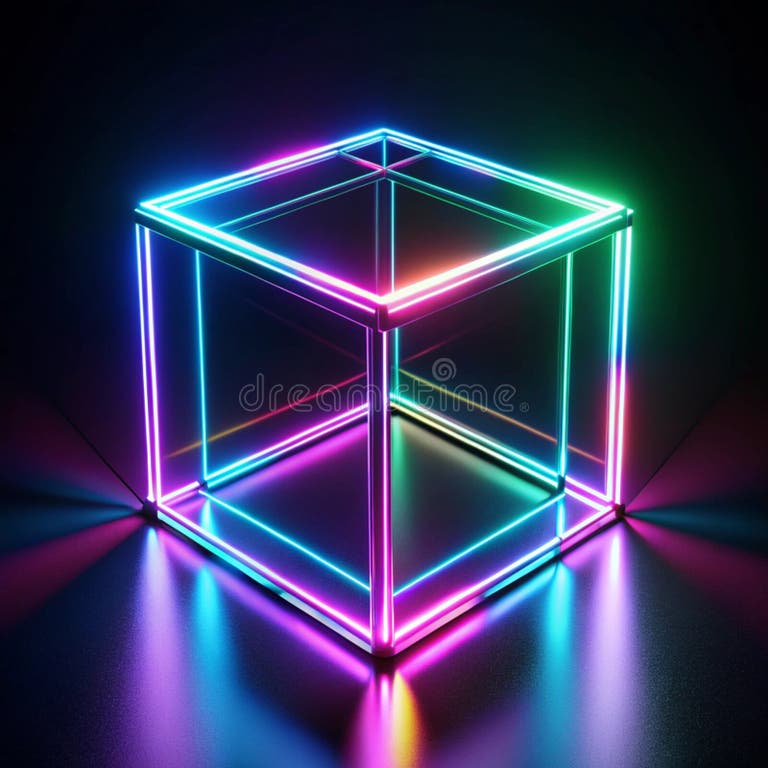 Floating 3D Neon Cube with Realistic Reflections Stock Illustration ...