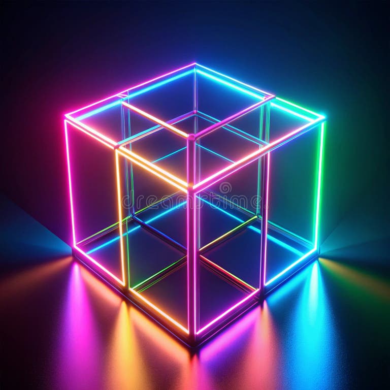 Floating 3D Neon Cube with Realistic Reflections Stock Illustration ...