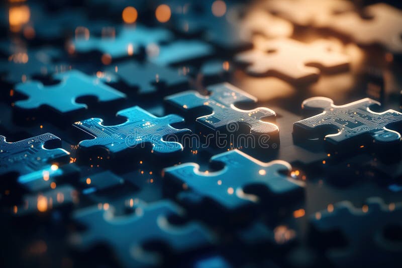 Floating 3D Puzzle Pieces are Adorned with Intricate Digital Circuit ...