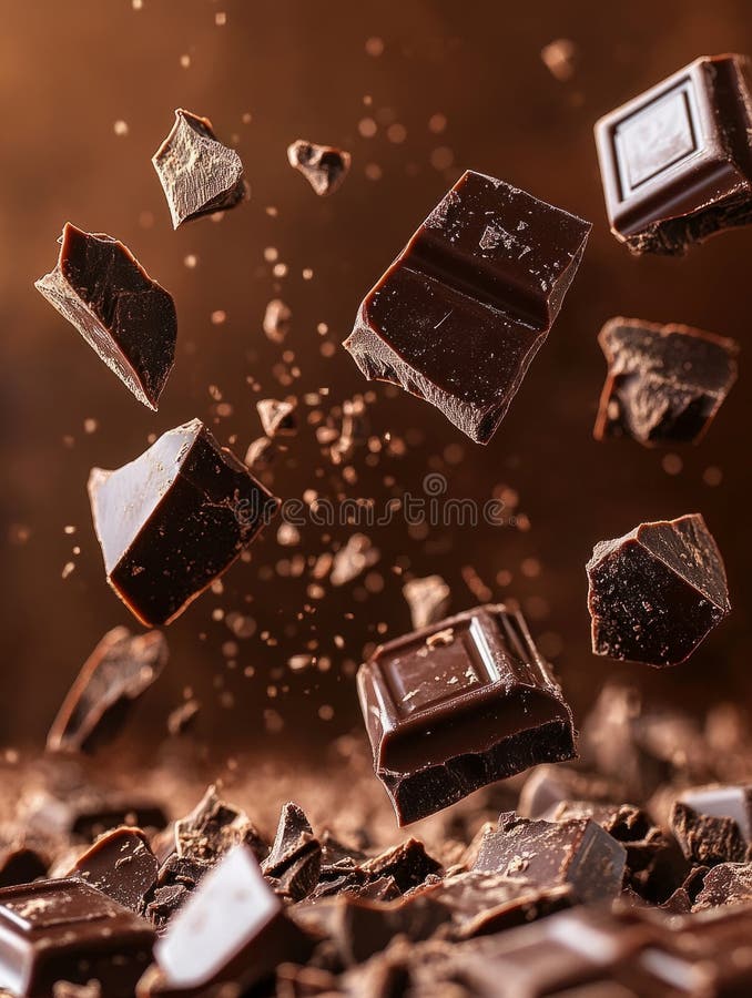 Floating Dark Chocolate Pieces with Rich Brown Background. Stock Image ...