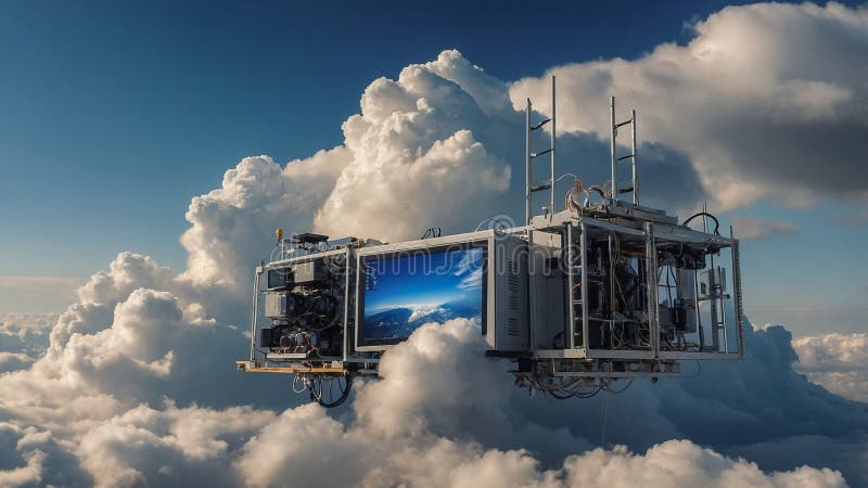 Floating Data Center among Clouds in Blue Sky Stock Illustration ...