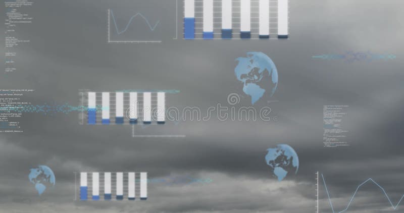 Floating Data Visualizations Across Cloudy Sky, Highlighting Charts, Line Graphs, Globe Icons ...