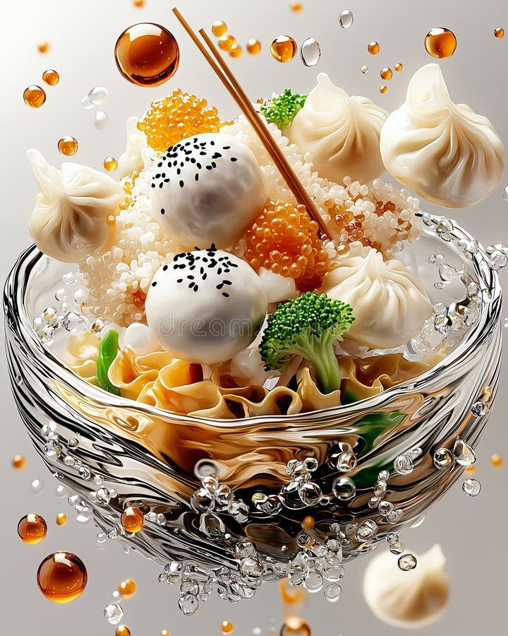 Floating Deconstructed Dim Sum with Dynamic Liquid Elements Stock ...