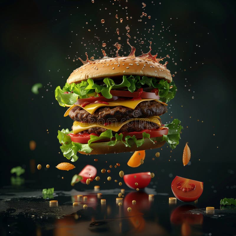 Floating Delight: a Deconstructed Burger in Mid-Air Stock Illustration ...