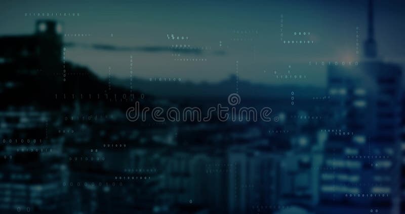 Floating Digital Binary Code Overlay Shimmering Over Urban Skyline at ...