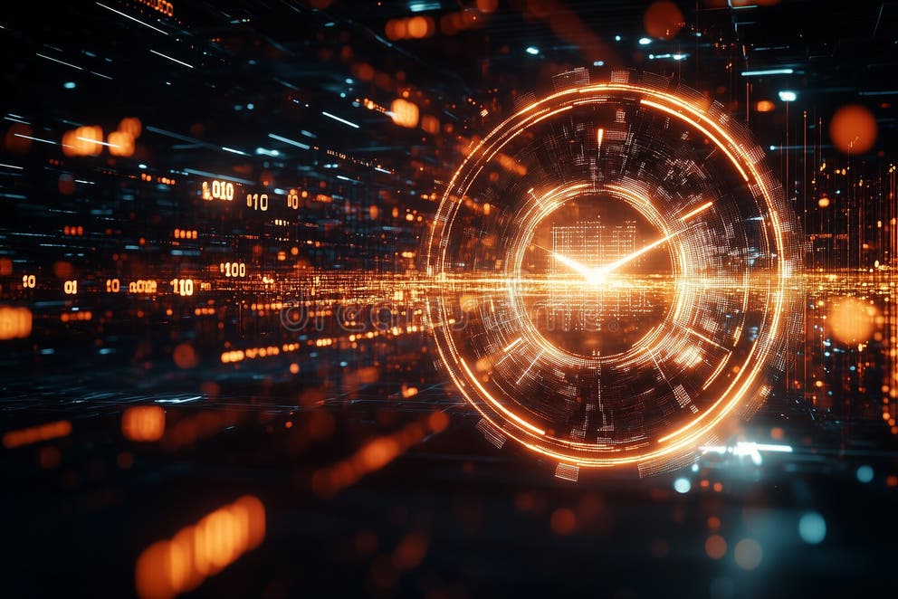 Floating Digital Clock Countdown in Vibrant Abstract Environment with Glowing Data Visuals Stock ...