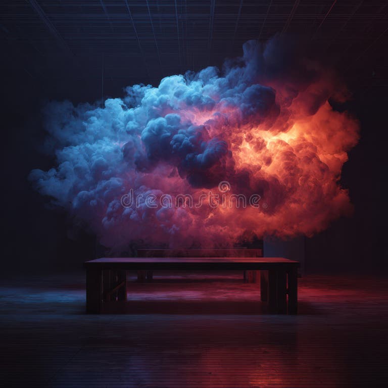 Floating Digital Cloud Enveloping a Table in a Clean, Immersive Space ...