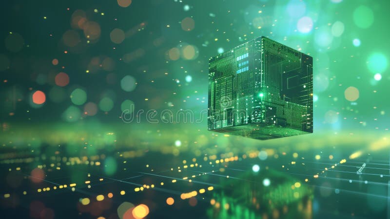 Floating Digital Cube with Green Cyber Circuits and Data Nodes Stock ...