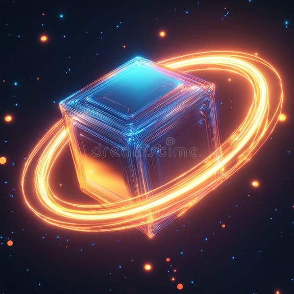 A Floating Digital Cube Surrounded by Glowing, Rotating Rings in Zero ...