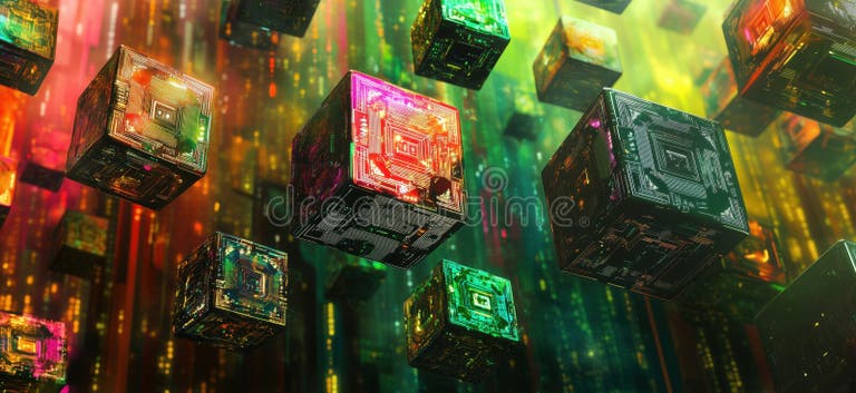 Floating Digital Cubes in Vibrant Colors Representing Advanced Technology and Data Processing ...