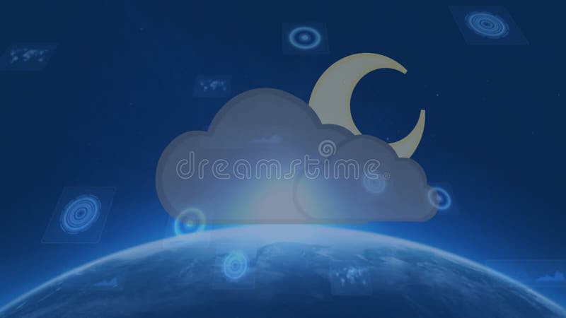 Floating Digital Data Elements with Cloud and Crescent Moon Over Earth ...