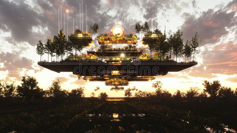 A Floating Digital Forest Platform Suspended in a Glowing Sky. Stock ...