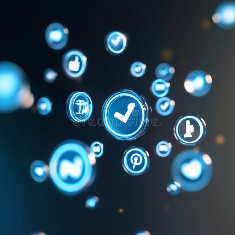 Floating Digital Icons with Checkmarks and Thumbs Up in Blue Light ...
