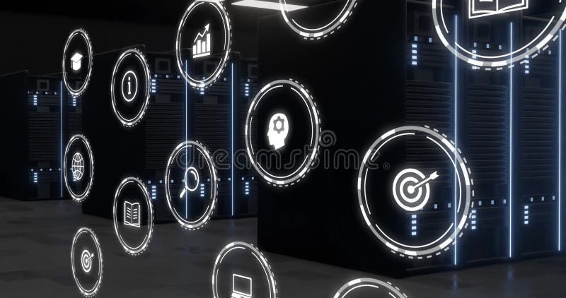 Floating Digital Icons in Server Room, Showcasing Technology and ...