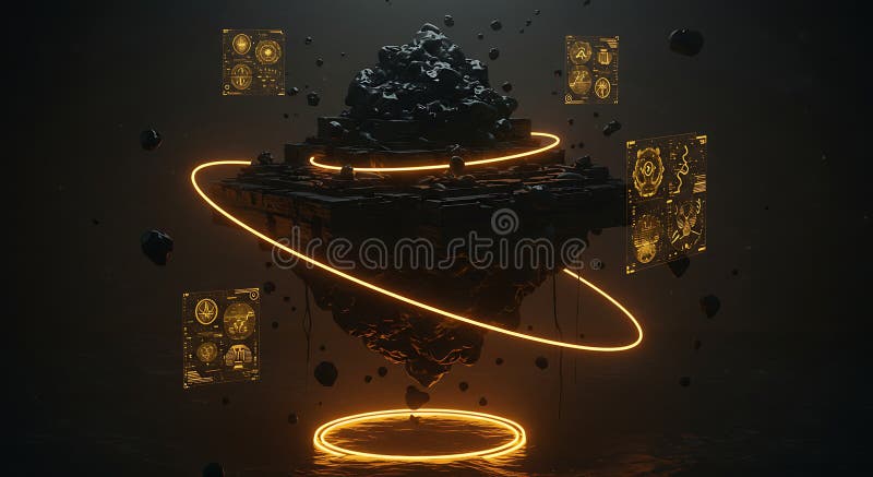 Floating Digital Landscape with Glowing Elements and Futuristic ...