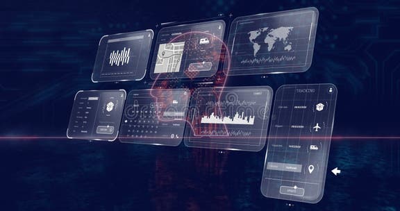 Floating Digital Panels Displaying Bar Charts, Calendar, Map, Waveform ...