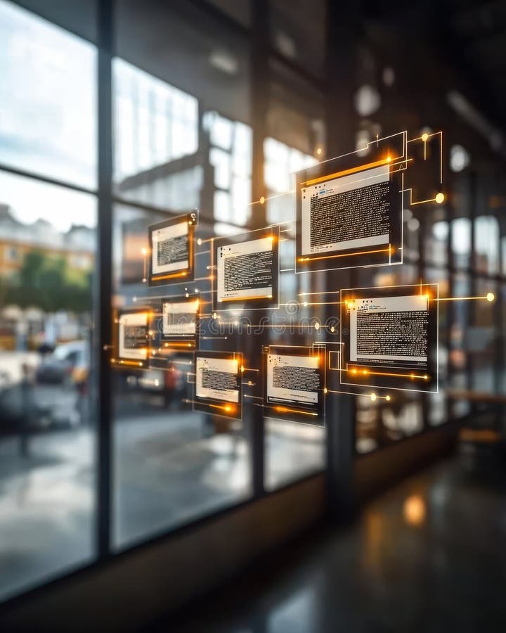 Floating Digital Screens Displaying Information in Modern Workspace ...