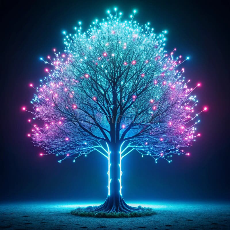 Floating Digital Tree with Glowing Neon Branches Stock Illustration ...