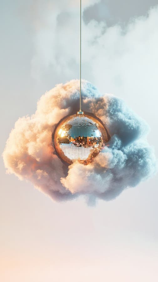 Floating Disco Ball in Fluffy Cloud with Soft Pastel Background ...