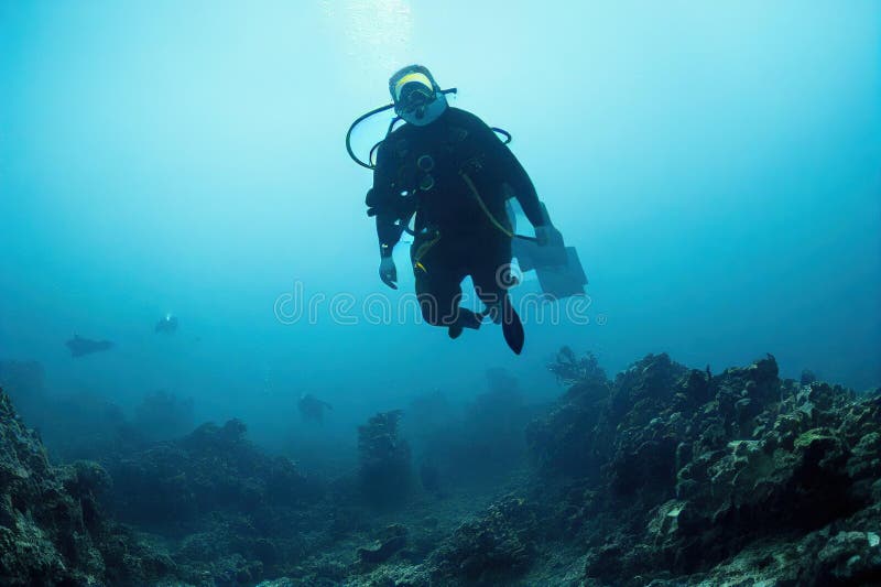 Floating Diver and Diver Underwater View of Blue Water and Bottom ...