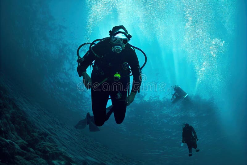Floating Diver and Diver Underwater View of Blue Water and Bottom ...