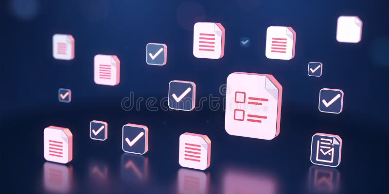 Floating Document Icons and Check Mark Icons on a Dark Blue Background ...