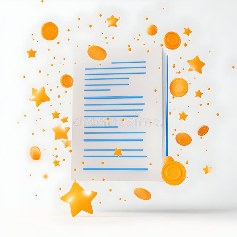 Floating Document with Orange Stars and Circles on White Background ...