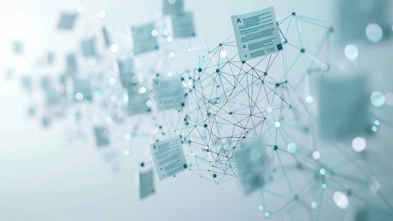 Floating Documents Connected by Lines and Dots in a Network on a Blue ...