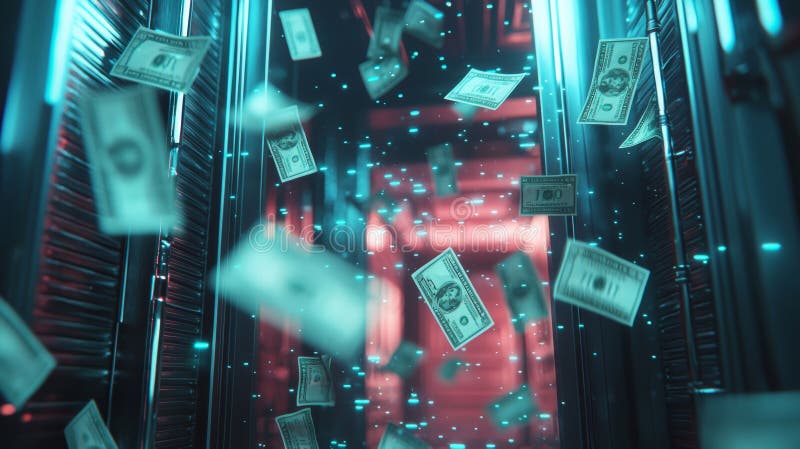 Floating Dollar Bills in a Futuristic Data Server Room Stock Photo ...