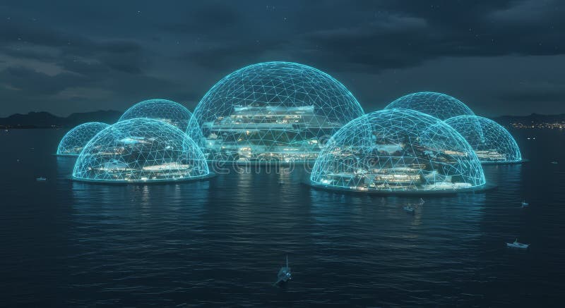 Floating Domes on Water at Night with Futuristic Architecture Concept ...