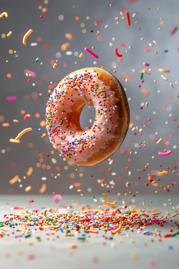 Floating Donut with Pink Icing and Sprinkles Against a Color Background ...