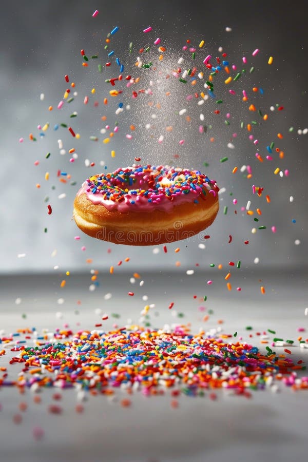 Floating Donut with Pink Icing and Sprinkles Against a Color Background ...