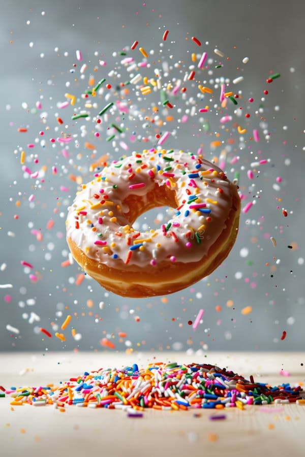 Floating Donut with Pink Icing and Sprinkles Against a Color Background ...
