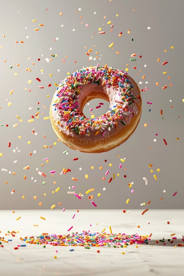 Floating Donut with Pink Icing and Sprinkles Against a Color Background ...