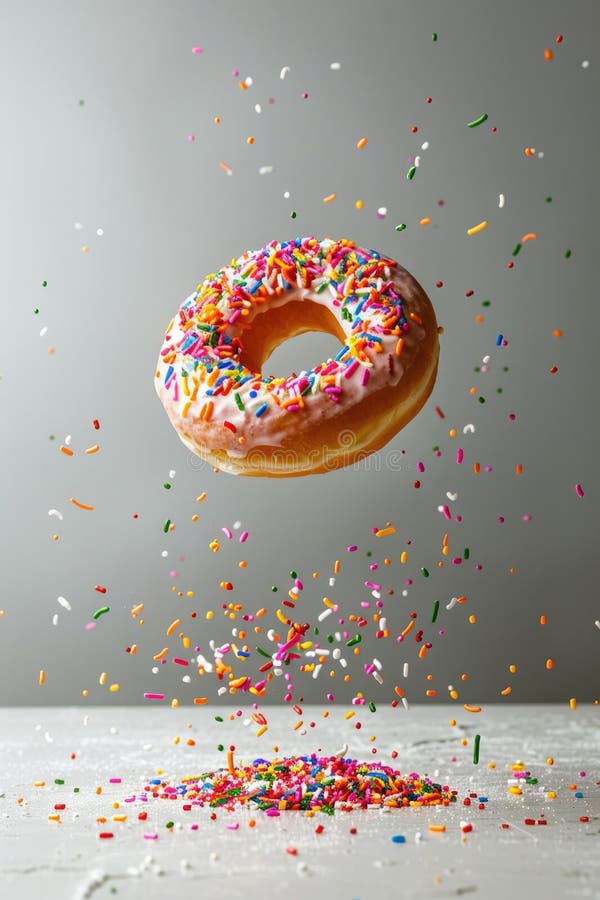 Floating Donut with Pink Icing and Sprinkles Against a Grey Background ...
