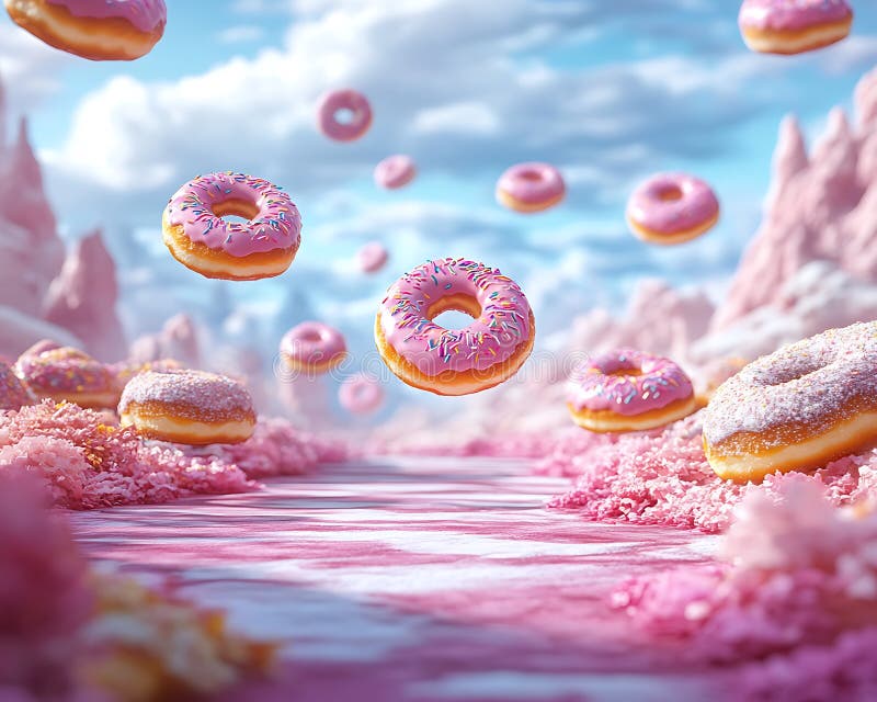 Floating Donuts in a Candy-colored Landscape Stock Illustration ...