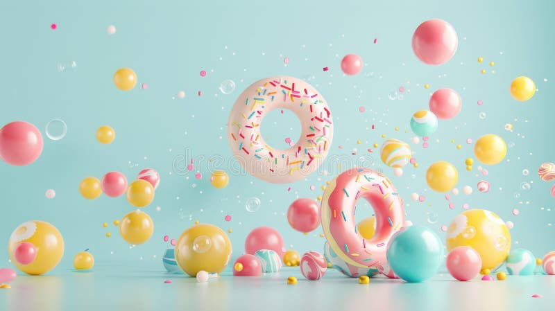 Floating Donuts and Pastel Spheres in Whimsical 3D Render Stock ...