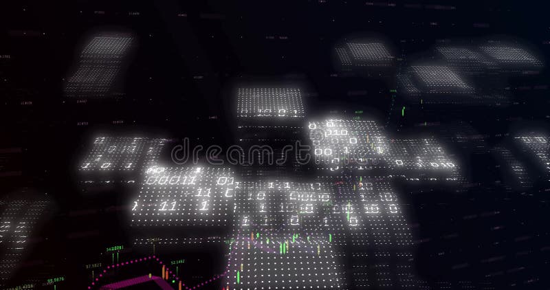 Floating Dot Panels Displaying Binary Code and Candlestick Charts Moving through Dark Virtual ...