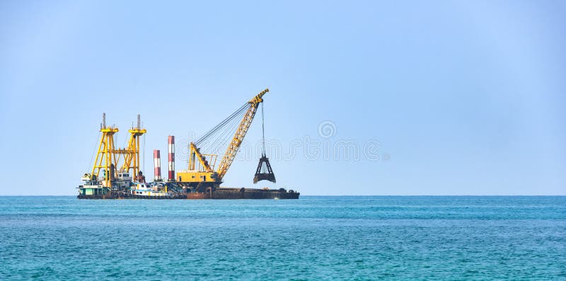 Floating Dredging Platform in the Sea Dredger Working Stock Image ...