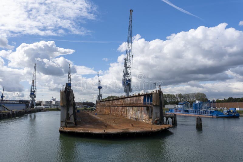 Floating Dry Dock with Cranes in the Port of Rotterdam, the Netherlands ...