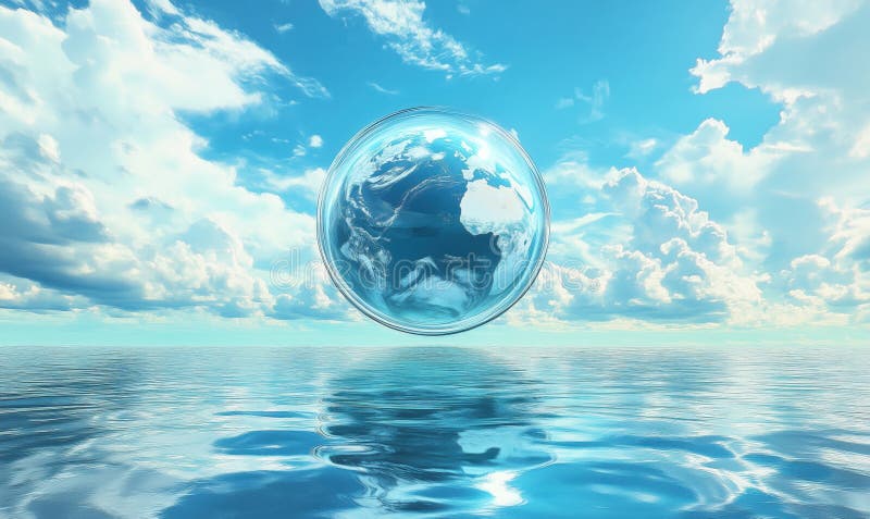 Floating Earth in Crystal Sphere Above Calm Ocean Under Blue Sky with ...