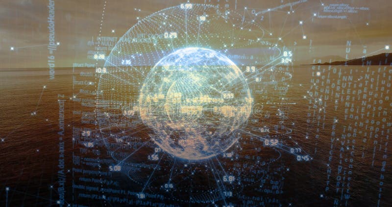 Floating Earth Globe Above Sea at Sunset Showing Numeric Data Labels ...