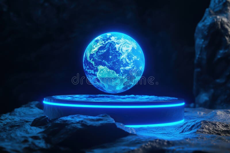 Floating Earth Globe Illuminated in Cave Setting, Blue Neon Light ...