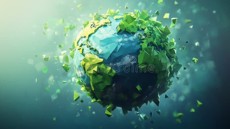 Floating Earth with Green Geometric Fragments in Soft Abstract Light ...