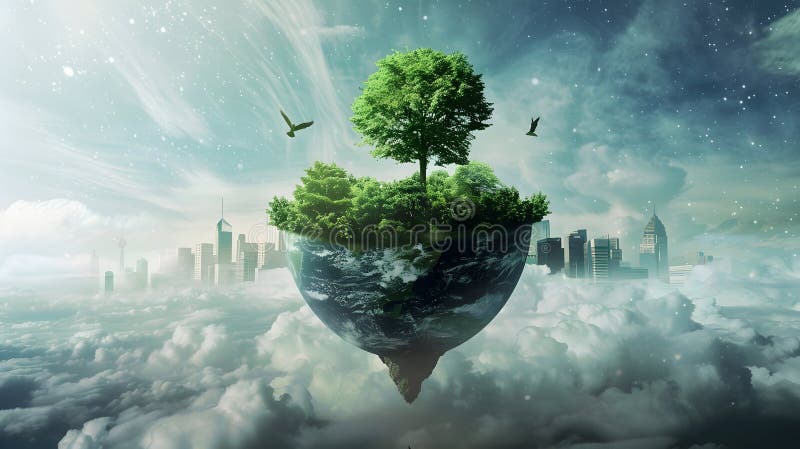 Floating Earth Illustration with Cityscape and Green Trees Stock ...