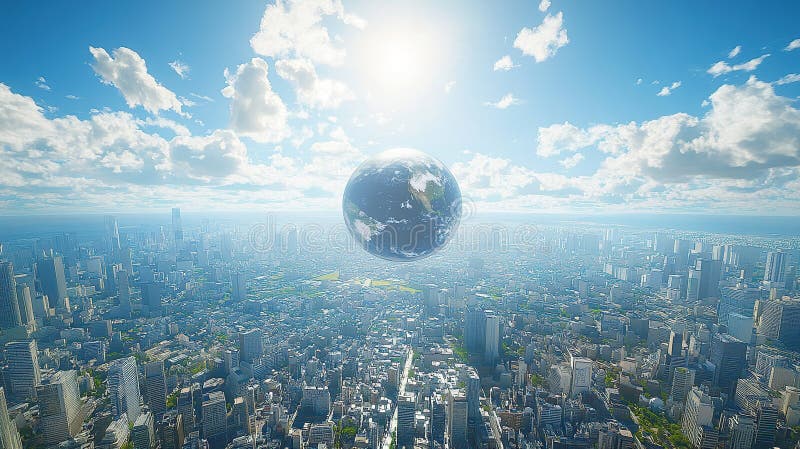 Floating Earth Over Tokyo Cityscape on a Sunny Day Stock Illustration ...