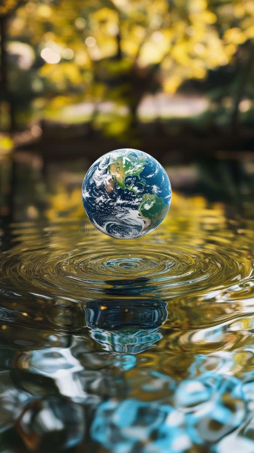 Floating Earth Over Water Ripple, Environmental Concept Stock Photo ...