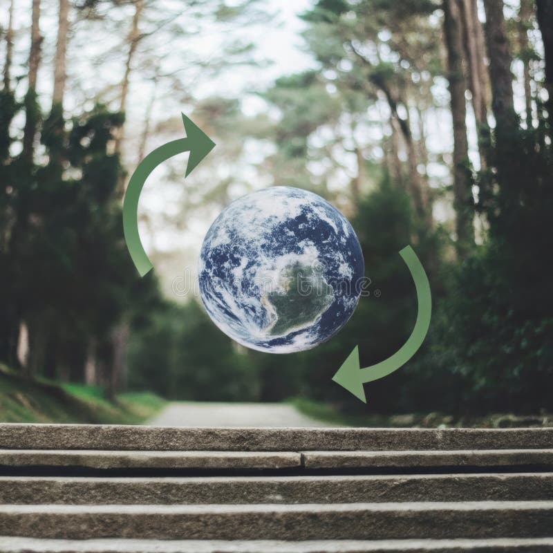 Floating Earth Surrounded by Green Arrows in a Serene Forest Setting ...