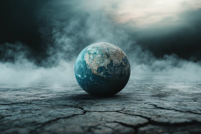 A Floating Earth Surrounded by Mist on a Cracked Landscape Surface ...