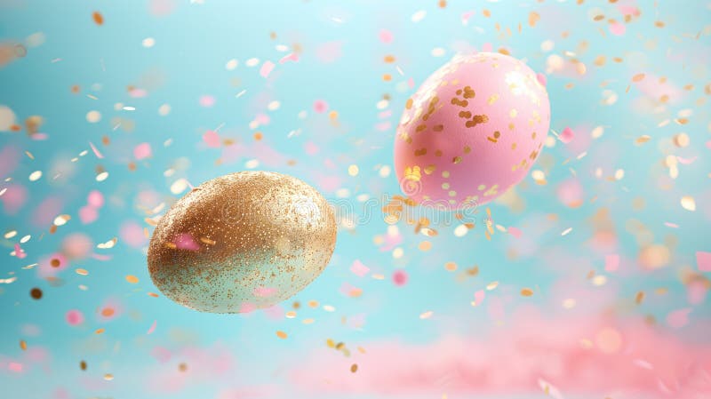 Floating Easter Eggs with Golden Sparkles and Confetti on Pastel Blue ...